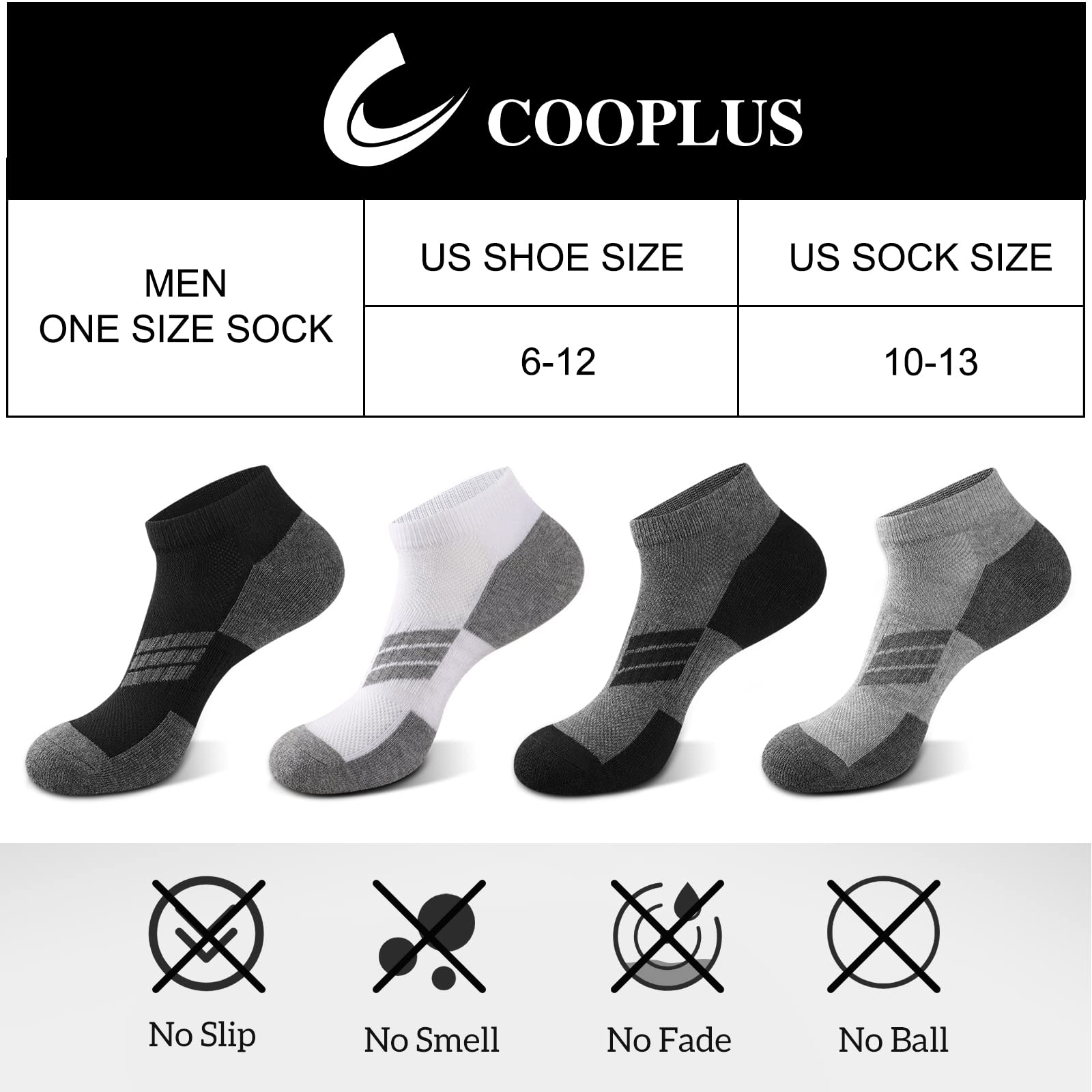 COOPLUS 8 Pairs Mens Cushioned Ankle Socks, Moisture Wicking Athletic Running Low cut Sports Socks