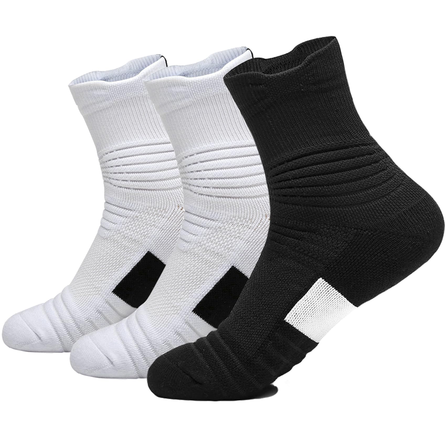 Yoknatt Performance Ankle Athletic Socks Elite Youth Basketball Socks for Mens Womens Boys Girls Mid Crew Socks Cushioned Running Compression Socks 3 Pack Black/White