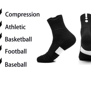 Yoknatt Performance Ankle Athletic Socks Elite Youth Basketball Socks for Mens Womens Boys Girls Mid Crew Socks Cushioned Running Compression Socks 3 Pack Black/White