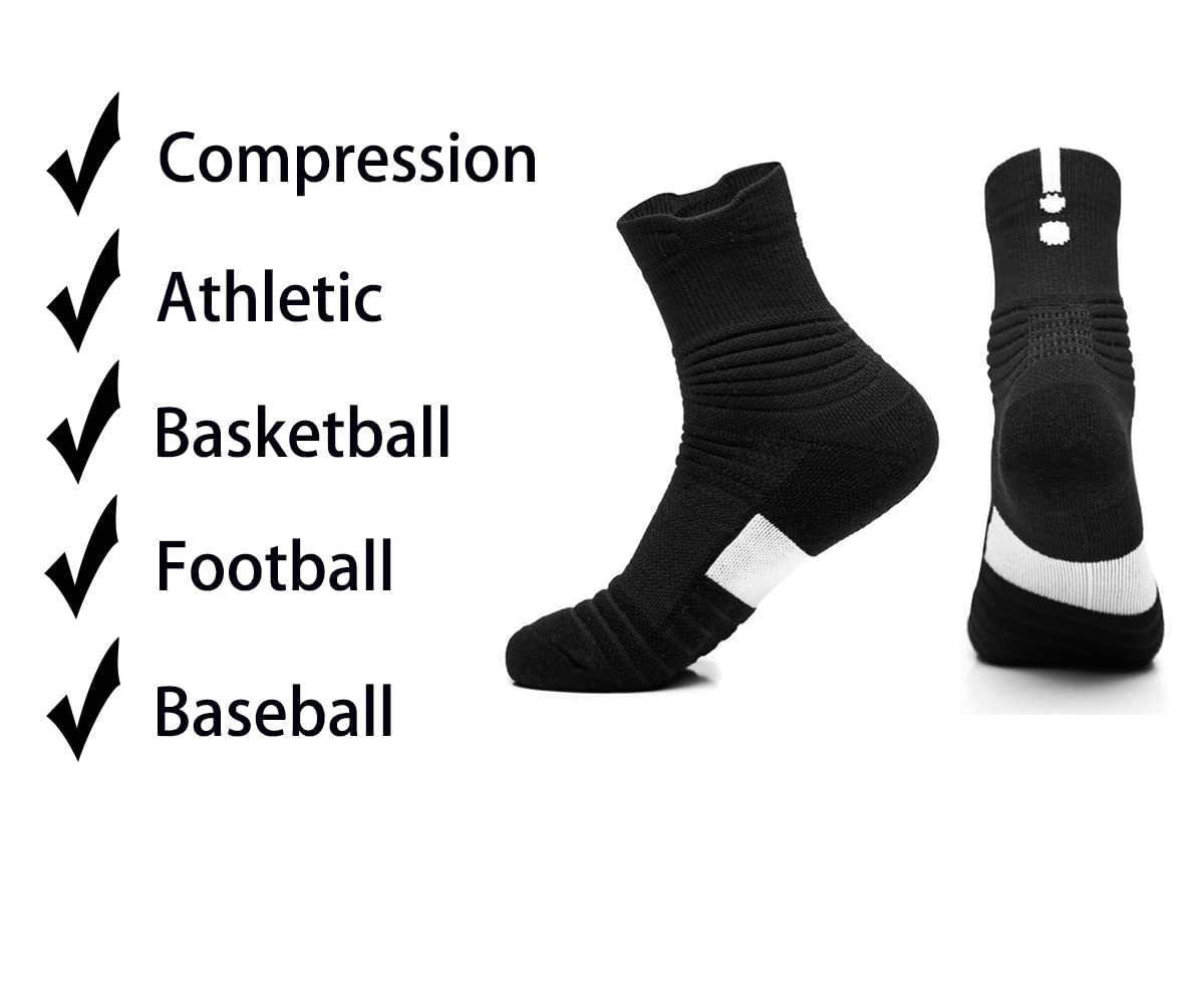 Yoknatt Performance Ankle Athletic Socks Elite Youth Basketball Socks for Mens Womens Boys Girls Mid Crew Socks Cushioned Running Compression Socks 3 Pack Black/White