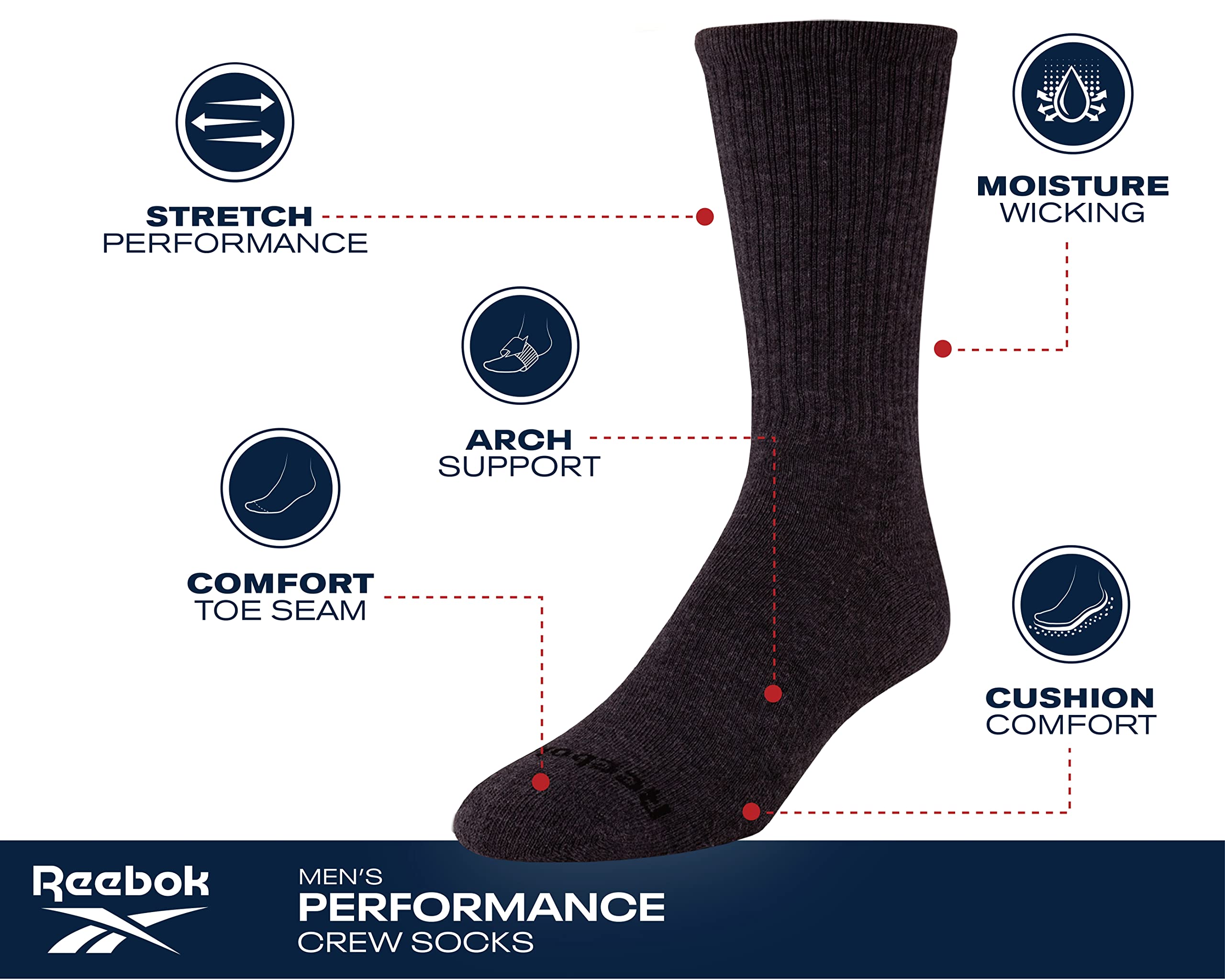 Reebok Men's Cushioned Comfort Athletic Performance High Crew Socks (5 Pack), Size 6-12.5, Classic Black