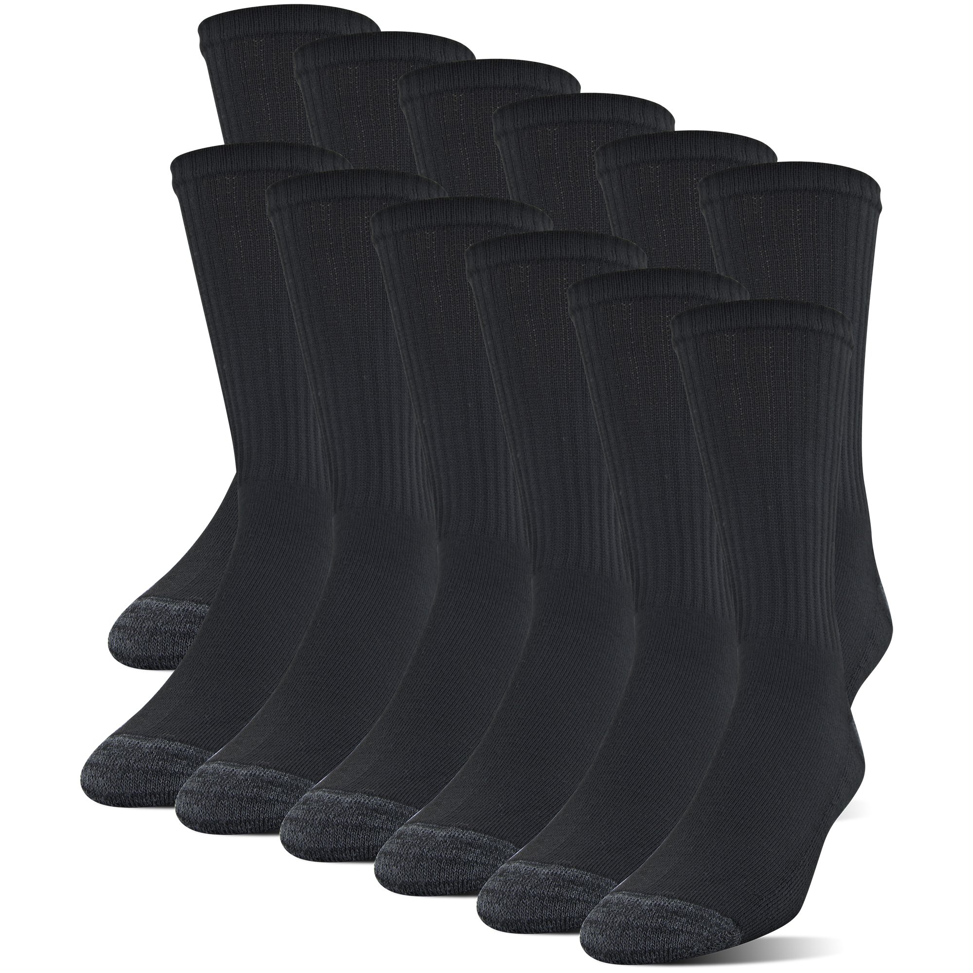 Gildan Men's Polyester Half Cushion Crew Socks, 12-Pairs, Black, Shoe Size: 6-12