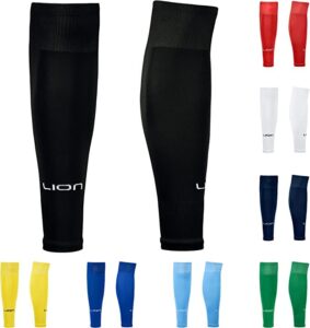 lion sportswear soccer sock leg sleeves to accompany grip socks - fits over calf/shin guards - variety of colours to match your team kit (black)