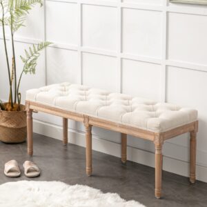 bonzy home tufted extra-long entryway bench, 47” french vintage bedroom benches upholstered dining benches, fabric end of bed bench for bedroom dining room living room entryway, beige