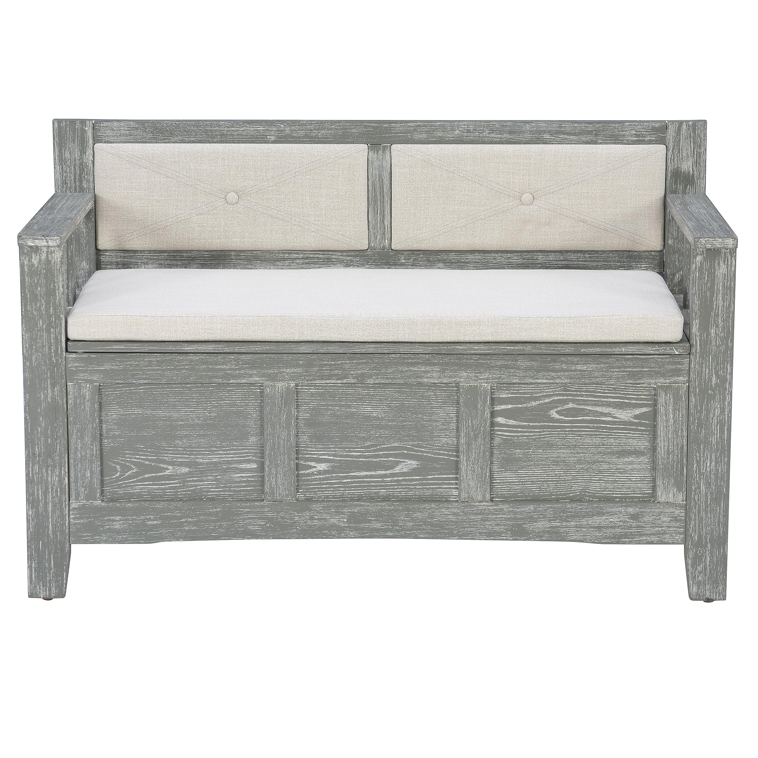 Linon Weathered Grey Carlton Storage Bench with Beige Upholstered Back and Cushioned Seat