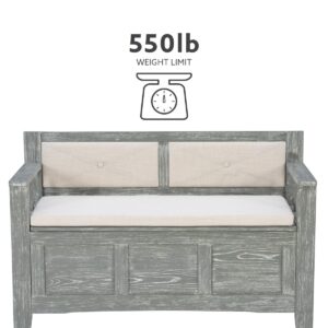 Linon Weathered Grey Carlton Storage Bench with Beige Upholstered Back and Cushioned Seat