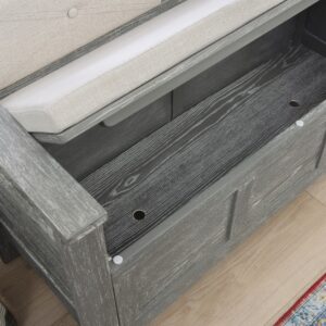 Linon Weathered Grey Carlton Storage Bench with Beige Upholstered Back and Cushioned Seat