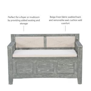 Linon Weathered Grey Carlton Storage Bench with Beige Upholstered Back and Cushioned Seat