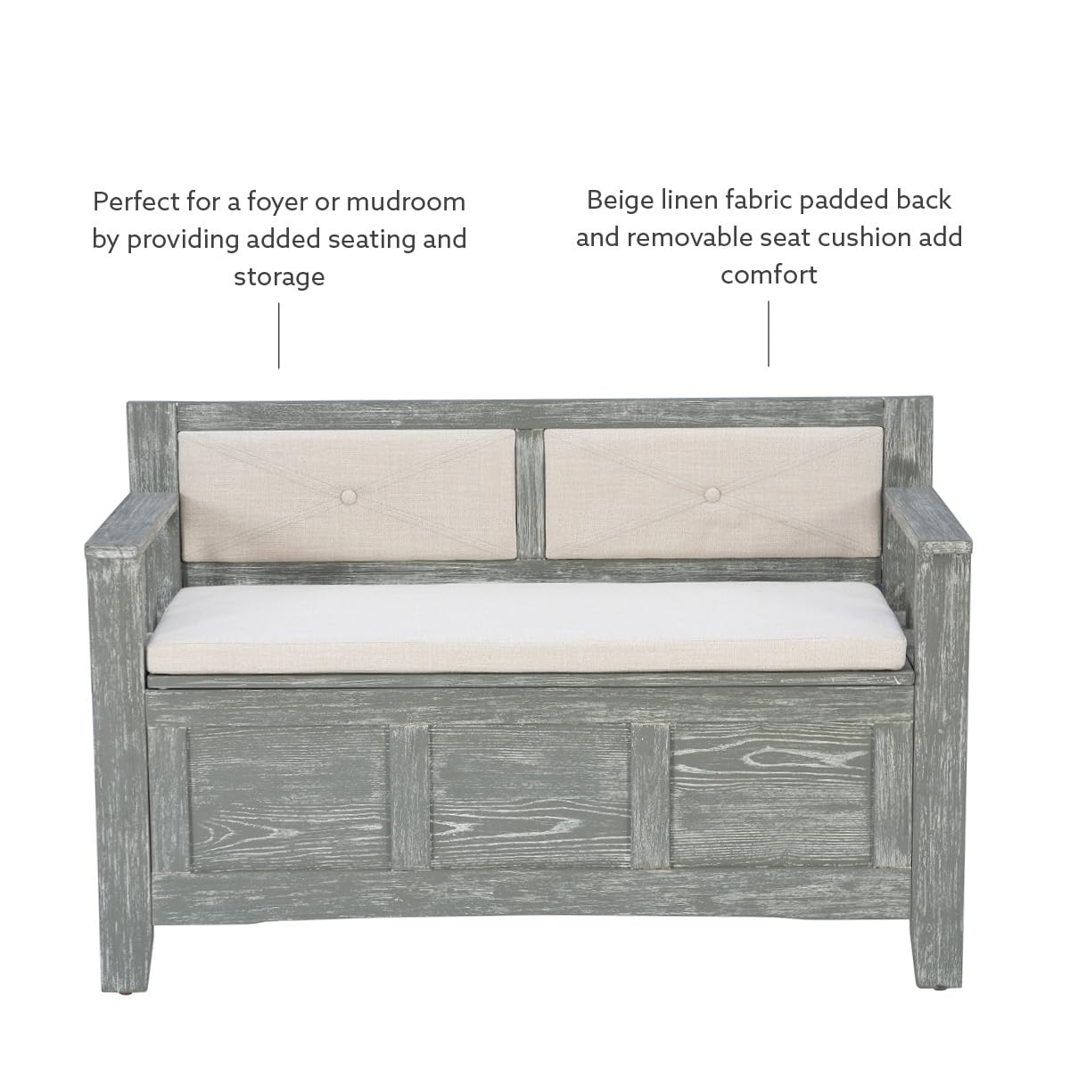 Linon Weathered Grey Carlton Storage Bench with Beige Upholstered Back and Cushioned Seat