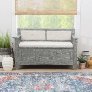 Linon Weathered Grey Carlton Storage Bench with Beige Upholstered Back and Cushioned Seat