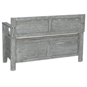 Linon Weathered Grey Carlton Storage Bench with Beige Upholstered Back and Cushioned Seat