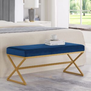 24kf velvet upholstered entryway bench with metal leg, padded bedroom bench seat cushion with golden metal x-legs -navy