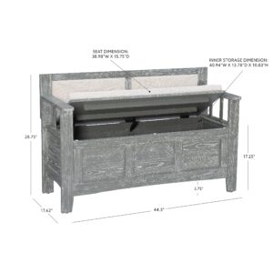 Linon Weathered Grey Carlton Storage Bench with Beige Upholstered Back and Cushioned Seat