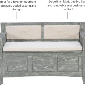 Linon Weathered Grey Carlton Storage Bench with Beige Upholstered Back and Cushioned Seat