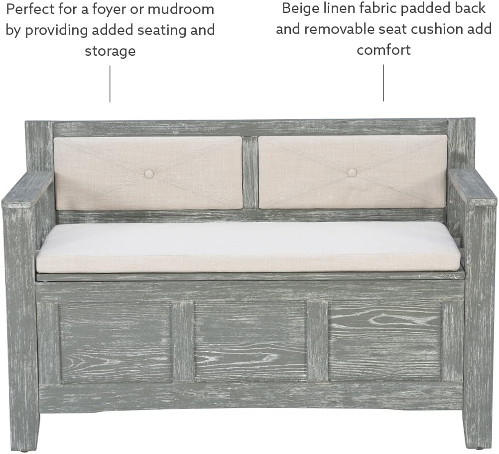 Linon Weathered Grey Carlton Storage Bench with Beige Upholstered Back and Cushioned Seat