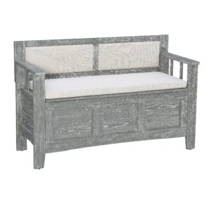 Linon Weathered Grey Carlton Storage Bench with Beige Upholstered Back and Cushioned Seat