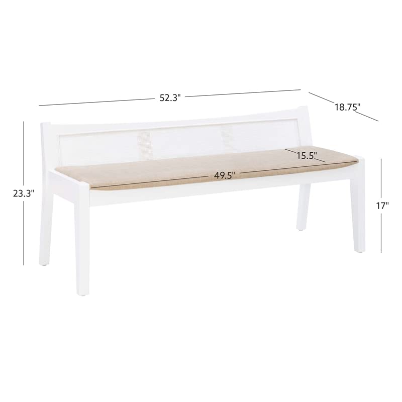 Linon Memphis Wood Cane Bench with Padded Seat in White