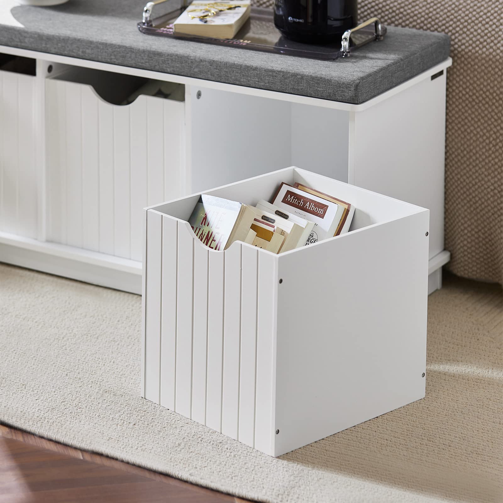 Haotian White Storage Bench with Drawers & Padded Seat Cushion, Hallway Bench Shoe Cabinet Shoe Bench, FSR30-W