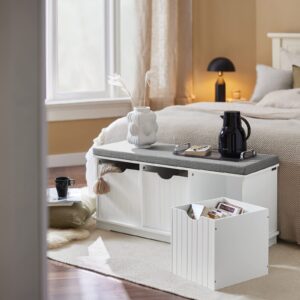 Haotian White Storage Bench with Drawers & Padded Seat Cushion, Hallway Bench Shoe Cabinet Shoe Bench, FSR30-W