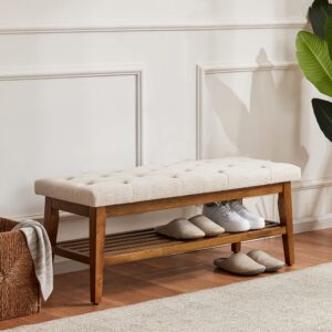 huimo entryway shoe bench, end of bed bench,upholstered button-tufted bench for kitchen, fabric ottoman bench for living room, padded bench with solid wood shelf beige