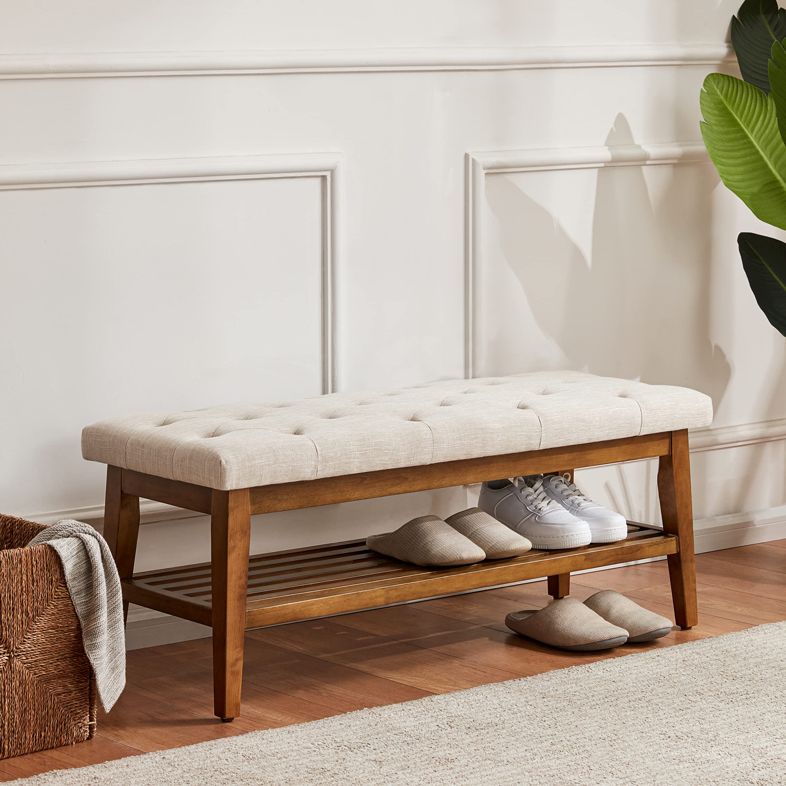 HUIMO Entryway Shoe Bench, End of Bed Bench,Upholstered Button-Tufted Bench for Kitchen, Fabric Ottoman Bench for Living Room, Padded Bench with Solid Wood Shelf Beige