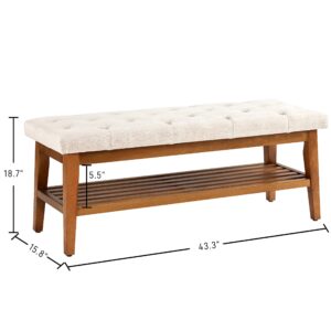 HUIMO Entryway Shoe Bench, End of Bed Bench,Upholstered Button-Tufted Bench for Kitchen, Fabric Ottoman Bench for Living Room, Padded Bench with Solid Wood Shelf Beige