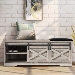 saintcy shoe bench entryway with storage, modern grey shoe cabinet with sliding barn door, storage indoor bench with 3 adjustable shelves for entryway, bedroom, hallway