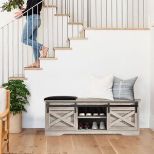 SAINTCY Shoe Bench Entryway with Storage, Modern Grey Shoe Cabinet with Sliding Barn Door, Storage Indoor Bench with 3 Adjustable Shelves for Entryway, Bedroom, Hallway