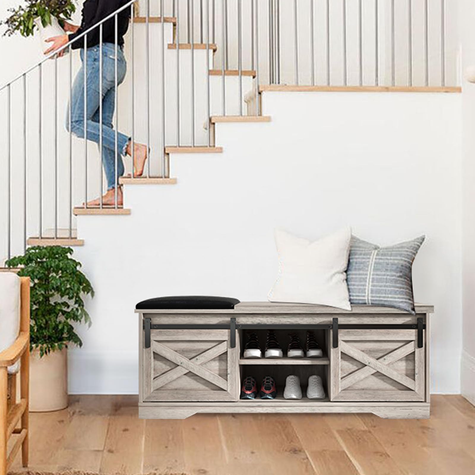 SAINTCY Shoe Bench Entryway with Storage, Modern Grey Shoe Cabinet with Sliding Barn Door, Storage Indoor Bench with 3 Adjustable Shelves for Entryway, Bedroom, Hallway