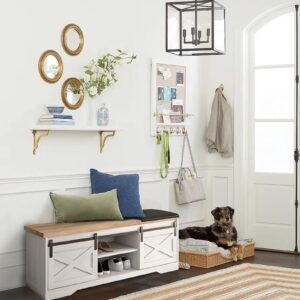 SAINTCY Shoe Bench Entryway with Storage, Modern Grey Shoe Cabinet with Sliding Barn Door, Storage Indoor Bench with 3 Adjustable Shelves for Entryway, Bedroom, Hallway