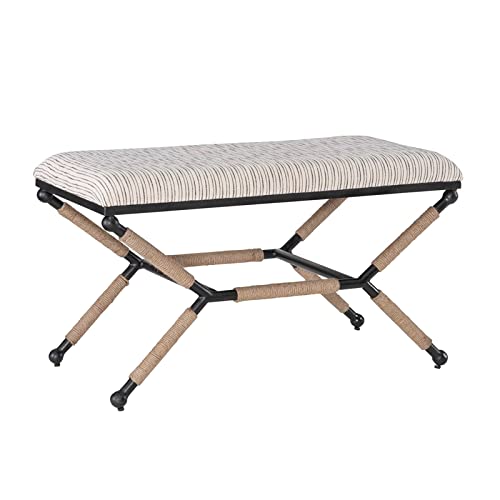 Linon Anna Campaign Accent Bench Metal Legs with Rope Detail in Cream Stripe