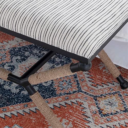 Linon Anna Campaign Accent Bench Metal Legs with Rope Detail in Cream Stripe