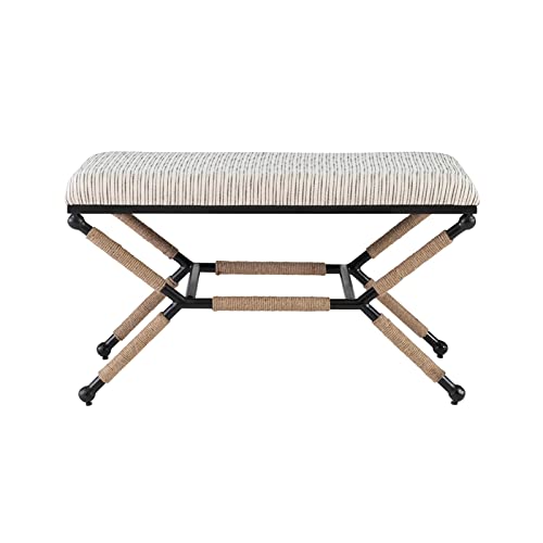 Linon Anna Campaign Accent Bench Metal Legs with Rope Detail in Cream Stripe