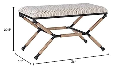 Linon Anna Campaign Accent Bench Metal Legs with Rope Detail in Cream Stripe