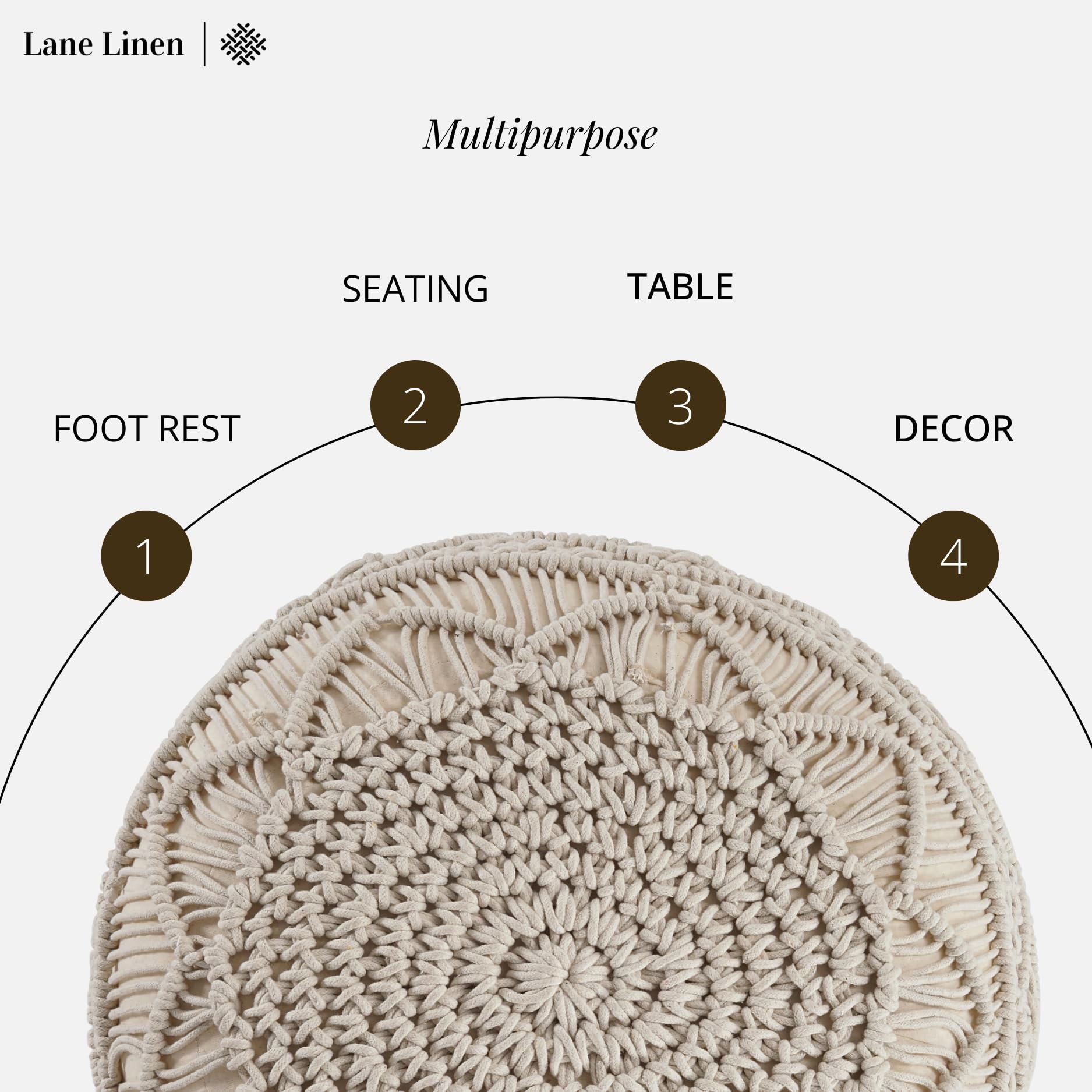 LANE LINEN Pouf Ottoman - Hand Knitted Ottoman Foot Rest, Large Round Pouf, Poufs for Living Room, Bean Bag Ottoman, Floor Pouf, Macrame Chair - 20 Diameter x 14 Height - Mystic Pure Natural