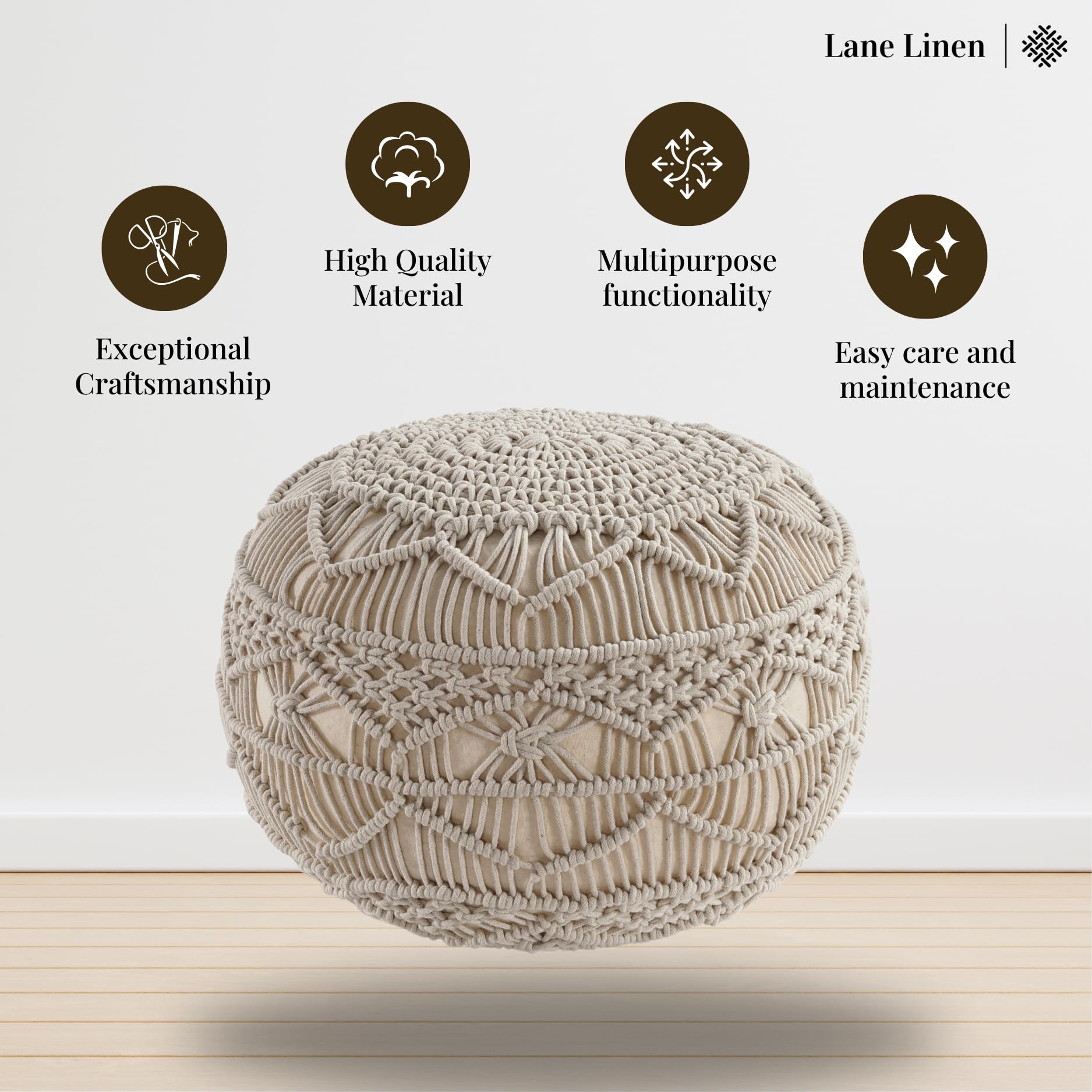 LANE LINEN Pouf Ottoman - Hand Knitted Ottoman Foot Rest, Large Round Pouf, Poufs for Living Room, Bean Bag Ottoman, Floor Pouf, Macrame Chair - 20 Diameter x 14 Height - Mystic Pure Natural