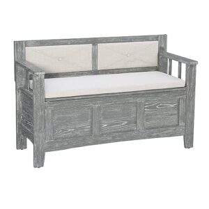 linon weathered grey carlton storage bench with beige upholstered back and cushioned seat