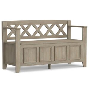 simplihome amherst solid wood 48 inch wide entryway storage bench with safety hinge, multifunctional transitional in distressed grey