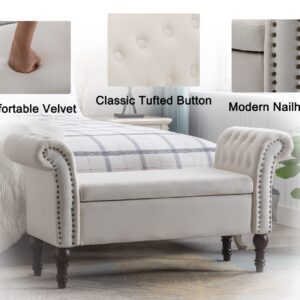 QUINJAY Velvet Tufted Upholstered Storage Bench, Cream, 33.5 in L x 16.5 in W x 26 in H