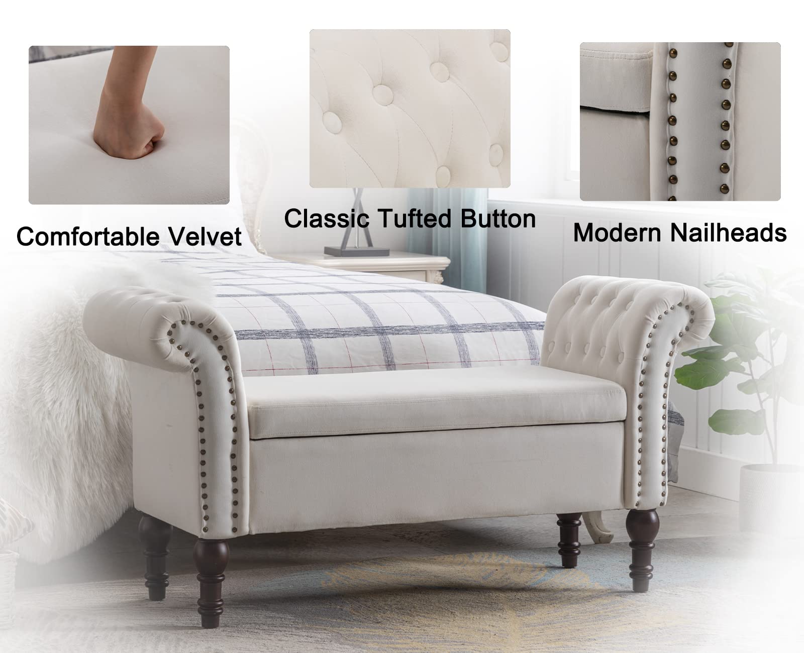 QUINJAY Velvet Tufted Upholstered Storage Bench, Cream, 33.5 in L x 16.5 in W x 26 in H