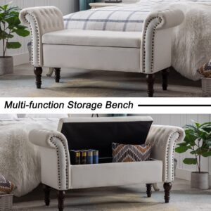 QUINJAY Velvet Tufted Upholstered Storage Bench, Cream, 33.5 in L x 16.5 in W x 26 in H