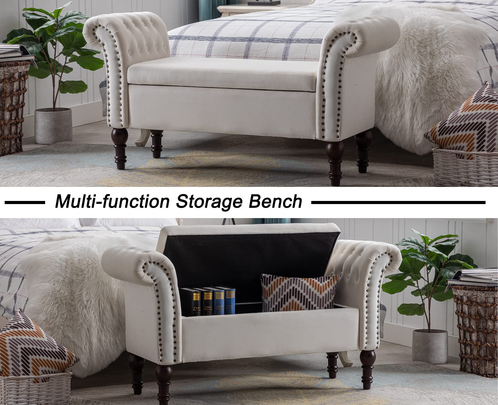 QUINJAY Velvet Tufted Upholstered Storage Bench, Cream, 33.5 in L x 16.5 in W x 26 in H