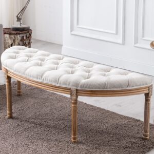 janoray farmhouse upholstered tufted bench wooden half moon entryway ottoman for front hallway corner window bedroom end of bed living room coffee table, beige