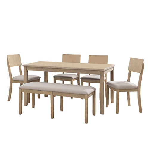 Linon Greywash with Grey Linen Upholstered Seat Includes Table Four Chairs Bench Carter Six Piece Dining Set