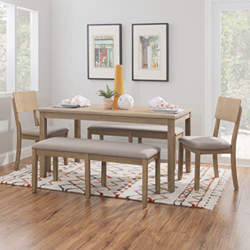 Linon Greywash with Grey Linen Upholstered Seat Includes Table Four Chairs Bench Carter Six Piece Dining Set