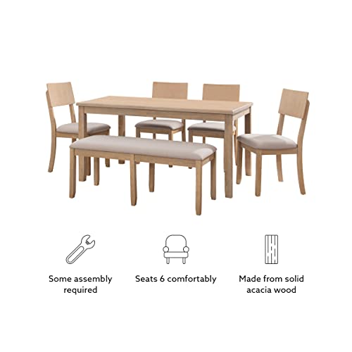 Linon Greywash with Grey Linen Upholstered Seat Includes Table Four Chairs Bench Carter Six Piece Dining Set