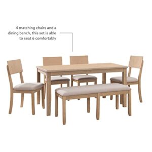 Linon Greywash with Grey Linen Upholstered Seat Includes Table Four Chairs Bench Carter Six Piece Dining Set