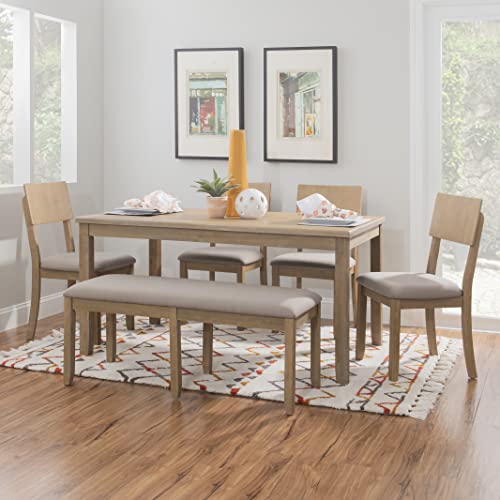 Linon Greywash with Grey Linen Upholstered Seat Includes Table Four Chairs Bench Carter Six Piece Dining Set