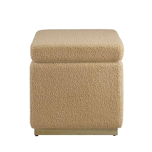 Linon Tan Lexington Sherpa Upholstered Square Storage Ottoman with Pine Wood Accent