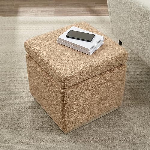 Linon Tan Lexington Sherpa Upholstered Square Storage Ottoman with Pine Wood Accent